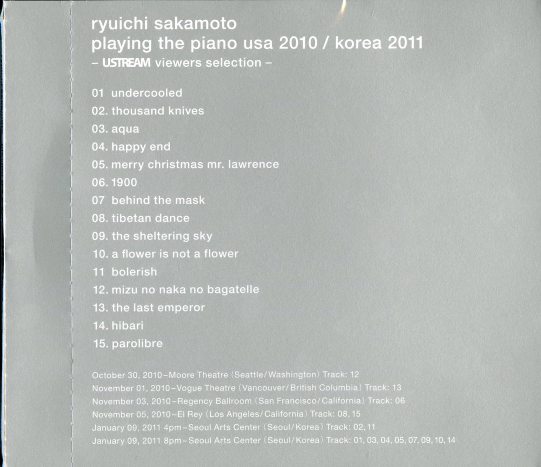 Ryuichi Sakamoto - Playing The Piano Usa 2010 / Korea 2011 Ustream Viewers Selection - - Japan CD